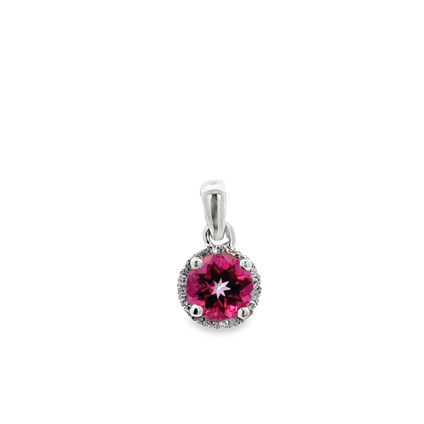 14 Karat White Gold Pink Topaz and Diamond Halo Pendant – Kavar
